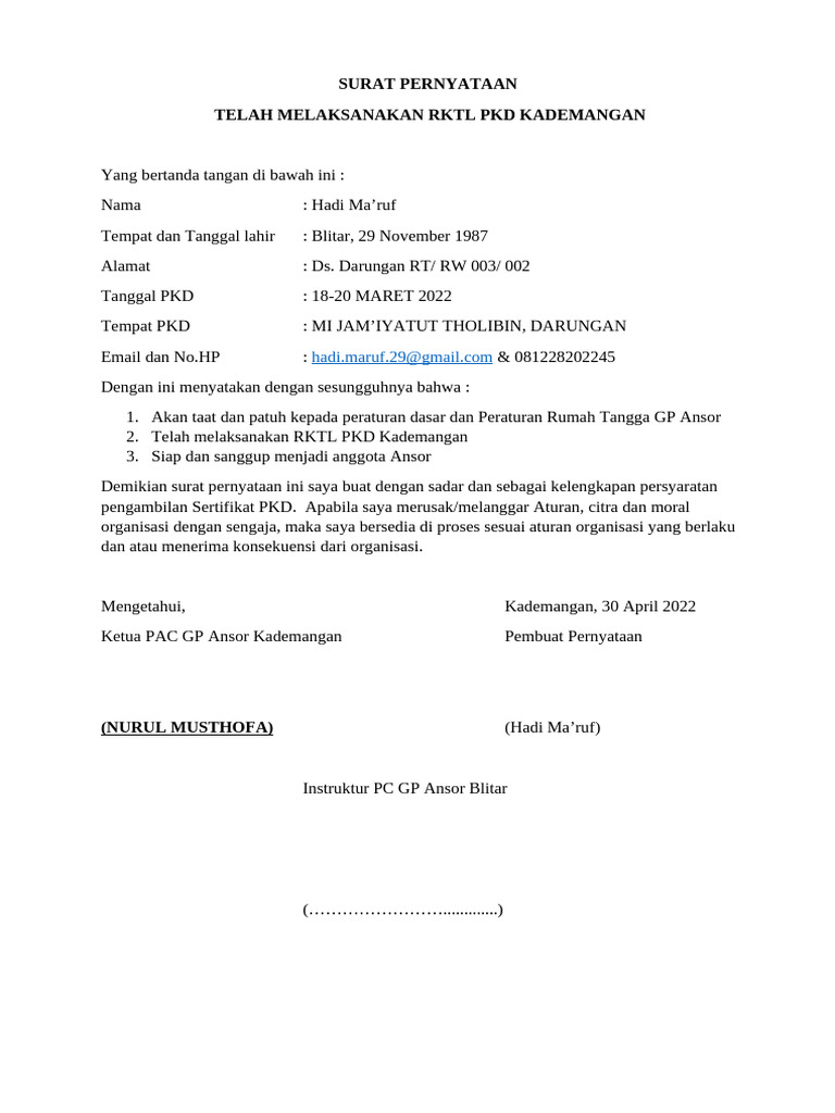 contoh RKTL PKD dan Surat Pernyataan.(1) | PDF
