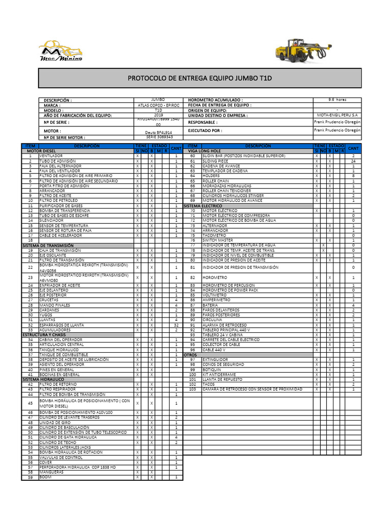 Registro Técnico Jumbo Boomer T1D 2019 | PDF | Ingeniería mecánica