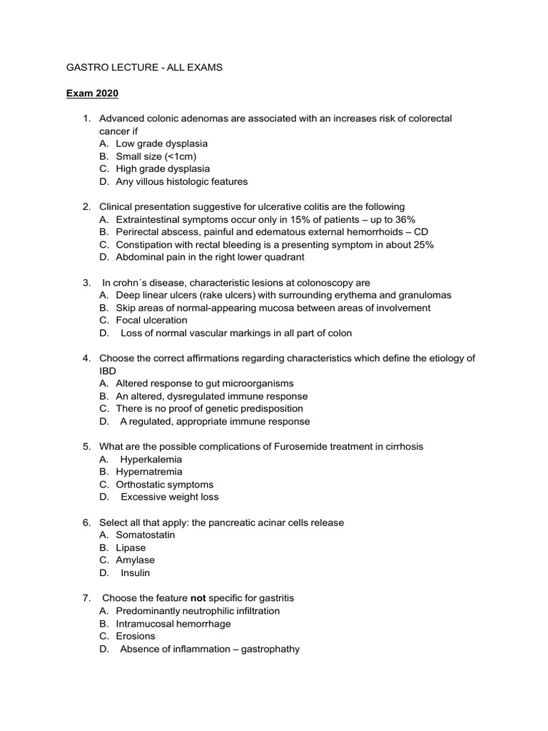 Gastroenterology Exam Questions 2020 | PDF | Cirrhosis | Stomach