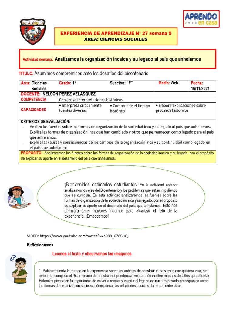 1° Exper. CCSS Semana 9 Nov. Activ.27 | PDF | Imperio Inca