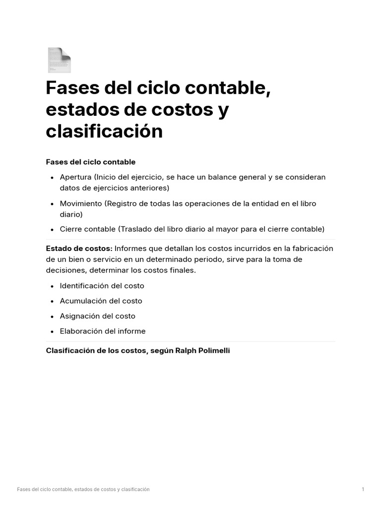 Fases Del Ciclo Contable, Estados de Costos y Su Clasificación | PDF