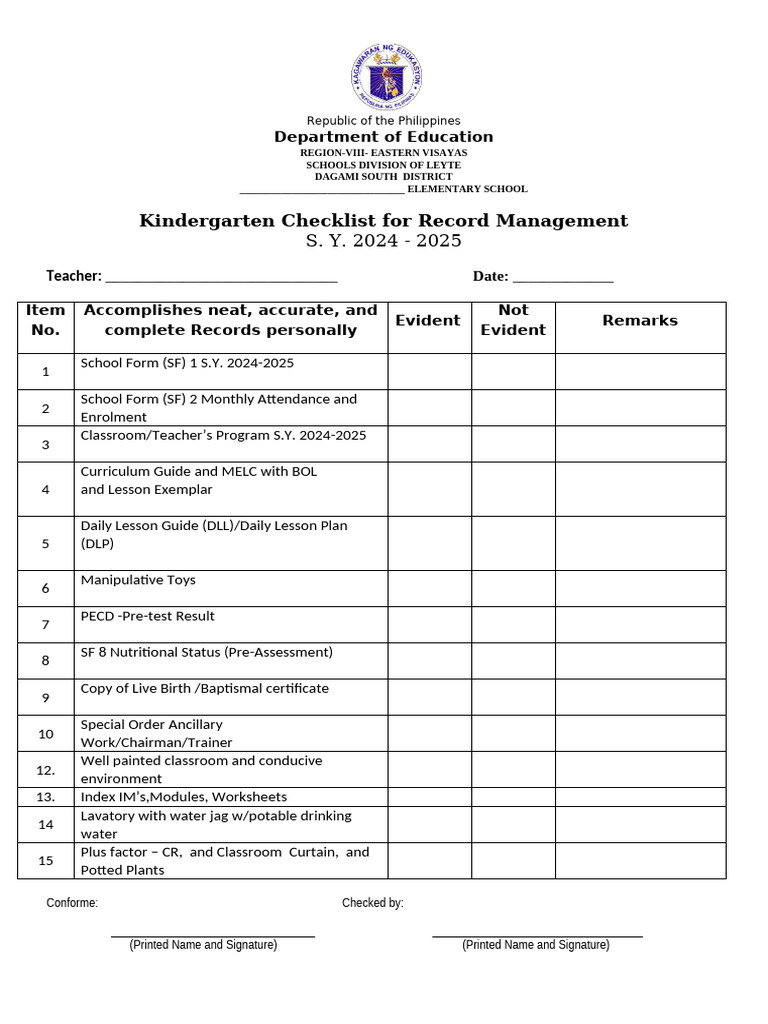 Kindergarten to Grade VI Record Checklist | PDF | Teachers | Cognition