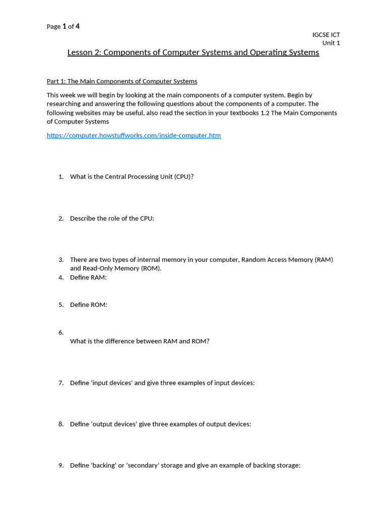 Lesson 2 Components of Computer Systems and Operating Systems | PDF ...