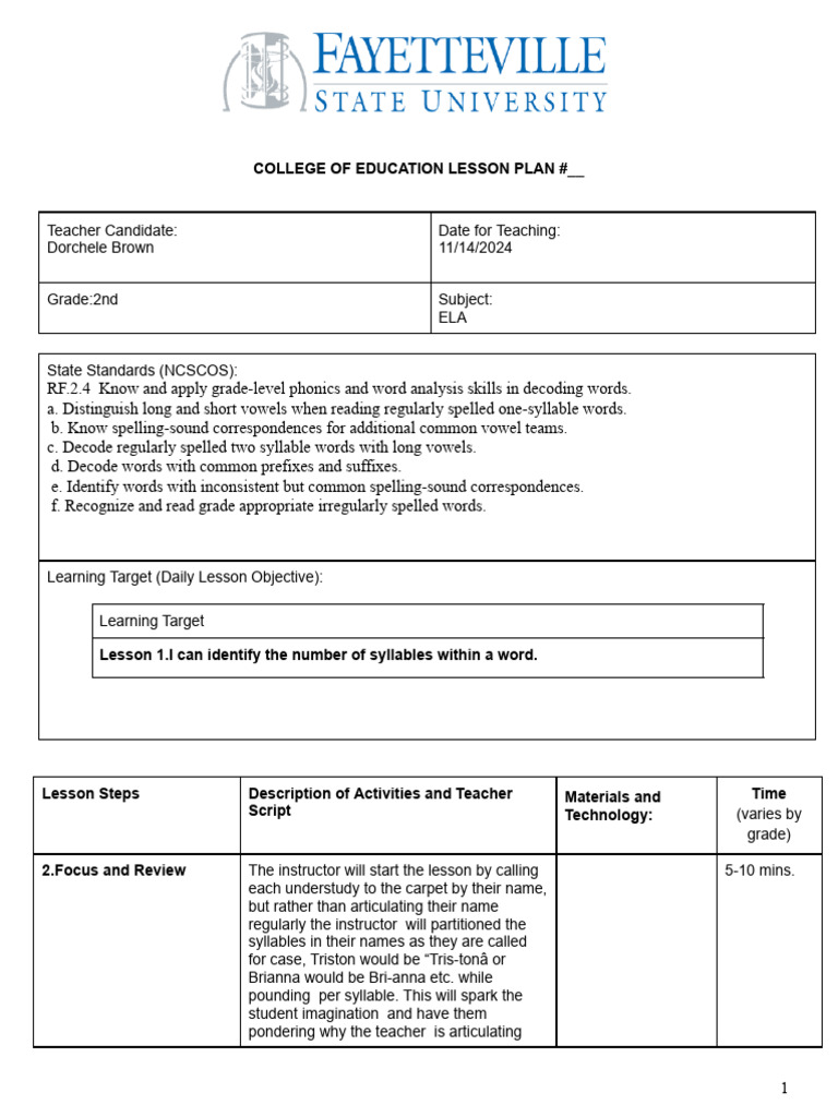 2nd Grade ELA Syllable Lesson Plan | PDF | Phonics | Human Communication