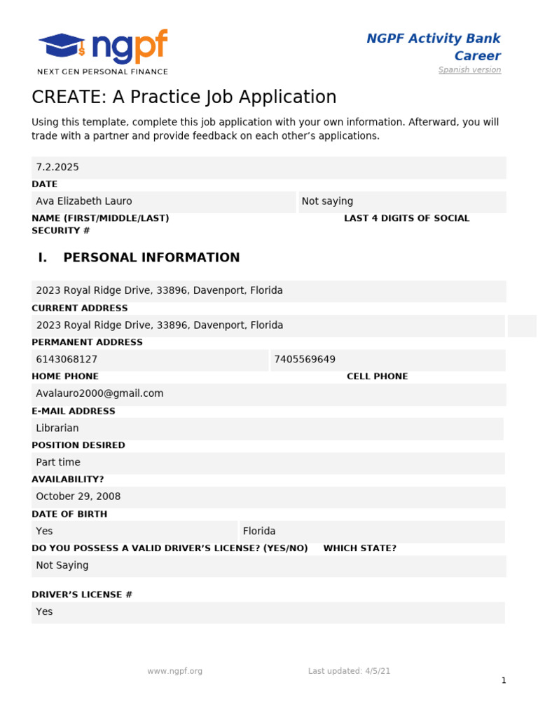 CREATE - A Practice Job Application | PDF | Telephone Number