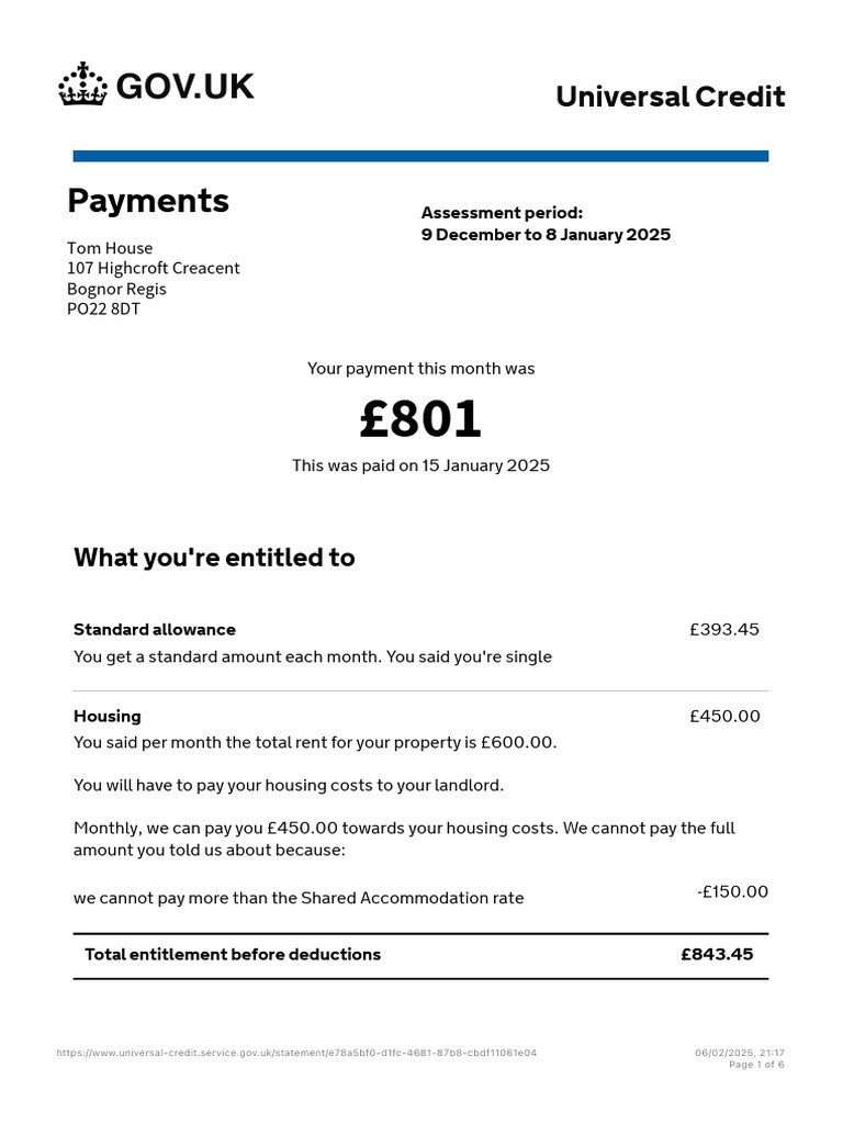 Universal Credit Payment Summary 2025 | PDF | Payments | Government ...