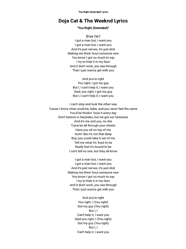 Doja Cat & The Weeknd - You Right (Extended) Lyrics | PDF