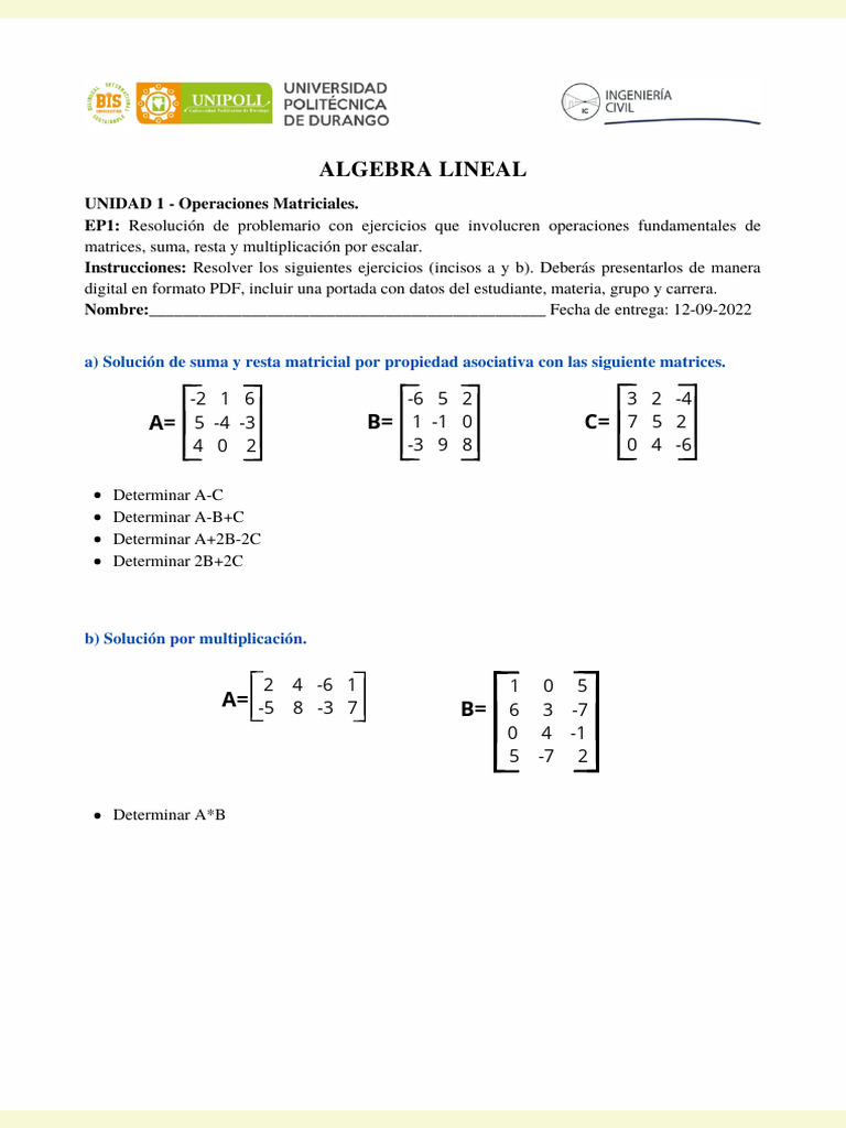 Algebra Lineal: UNIDAD 1 - Operaciones Matriciales. EP1: Instrucciones: Nombre | PDF