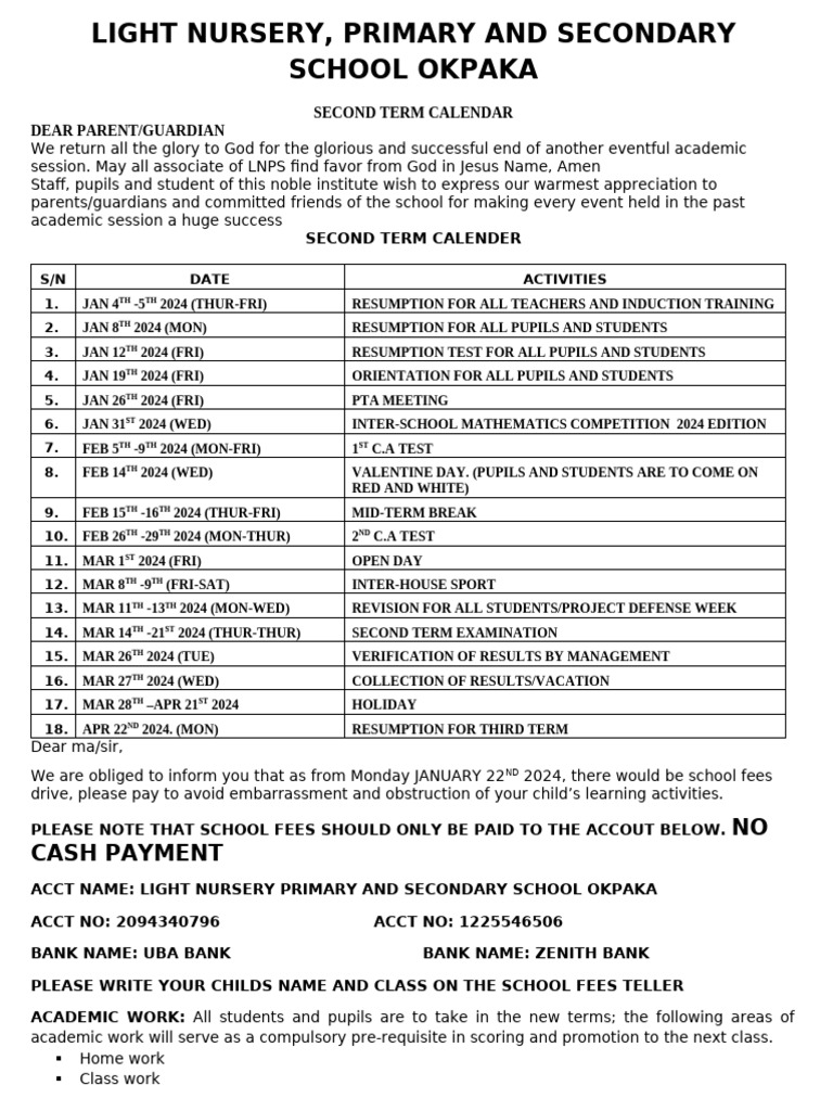 Second Term Calendar 2024 | PDF
