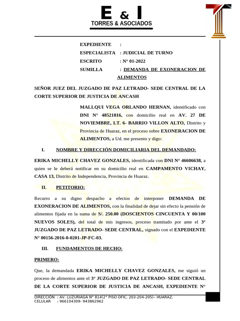Mallqui Vega Orlando Hernan - Demanda de Exoneracion de Alimentos | PDF | Demanda judicial | Ley ...