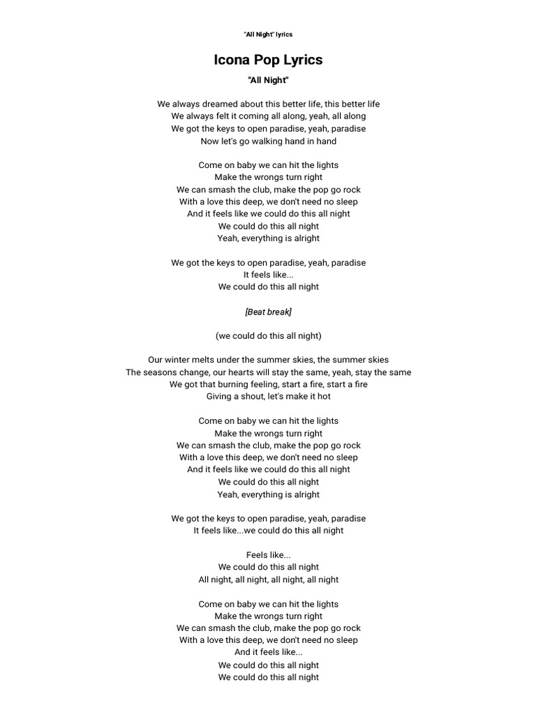 Icona Pop - All Night Lyrics | PDF