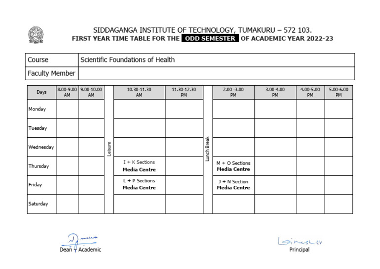 First Year Odd Semester Timetable | PDF