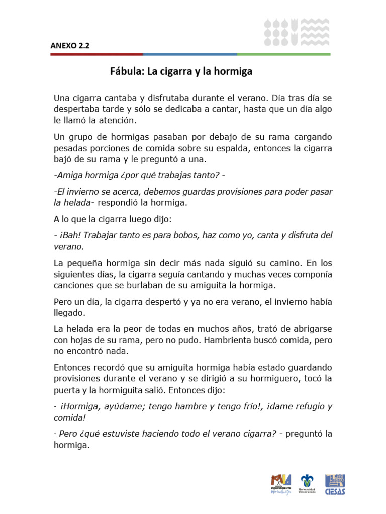 Anexo 02.2 Elemental Fabula La Cigarra y La Hormiga | PDF