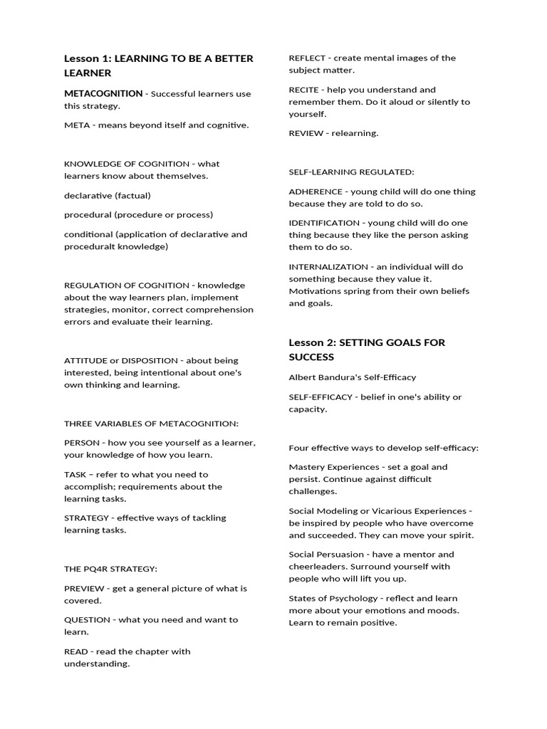 Uts Final Lesson Reviewer | PDF | Self Efficacy | Metacognition