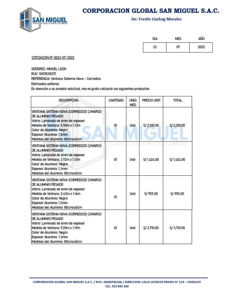 COTIZACION 23-07 - VENTANA SISTEMA NOVA - MIGUEL LEON | PDF | Aluminio | Materiales