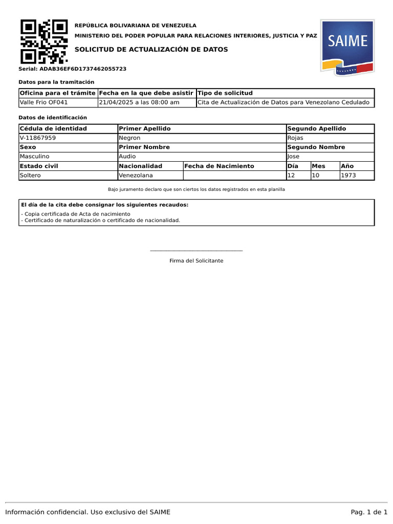 Actualización de Datos SAIME Venezuela | PDF