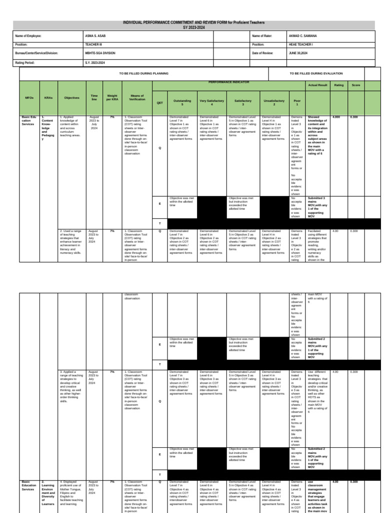 IPCRF For Proficient Teachers SY 2023 2024 1 | PDF | Learning | Teaching