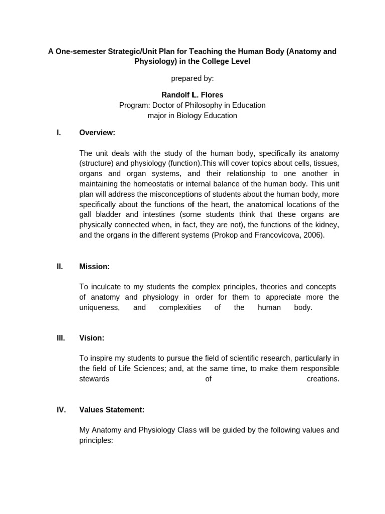 Unit Plan in Teaching The Human Body | PDF