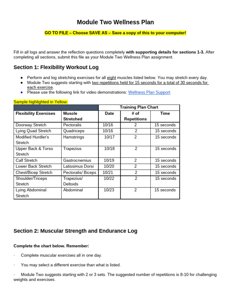 Module 2 Wellness Plan | PDF | Flexibility (Anatomy) | Strength Training