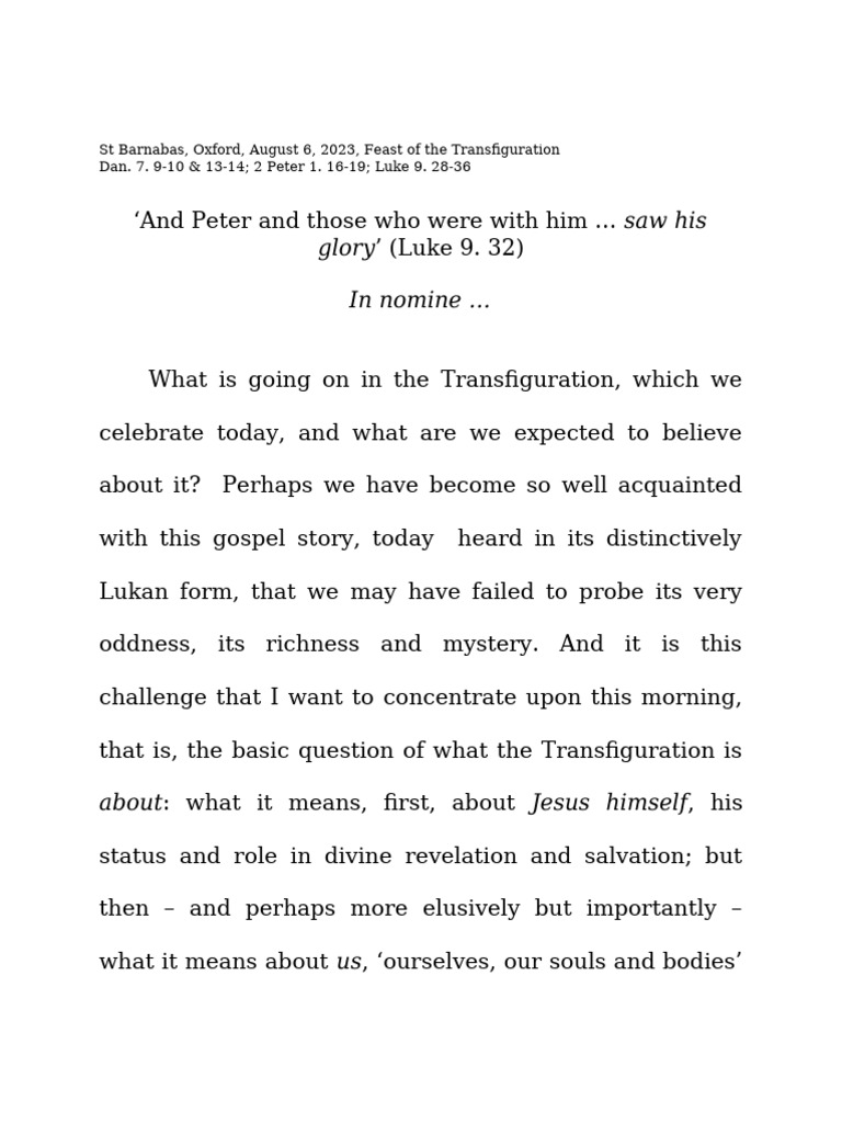 Transfiguration Sermon, ST Barnabas, Oxford August 6, 2023 | PDF ...