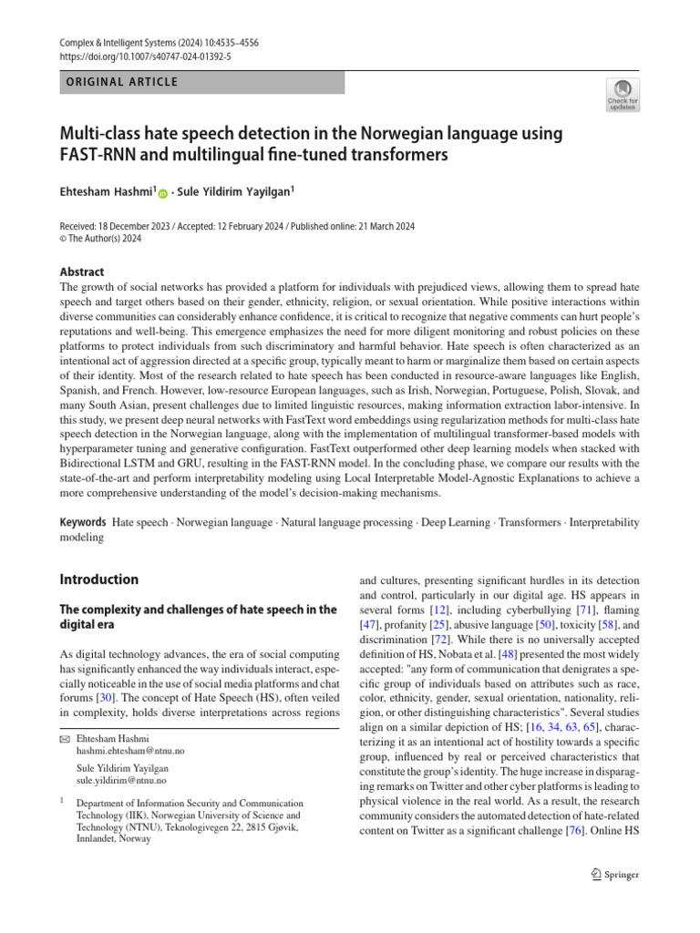 Multi-Class Hate Speech Detection in The Norwegian Language Using FAST-RNN and Multilingual Fine ...
