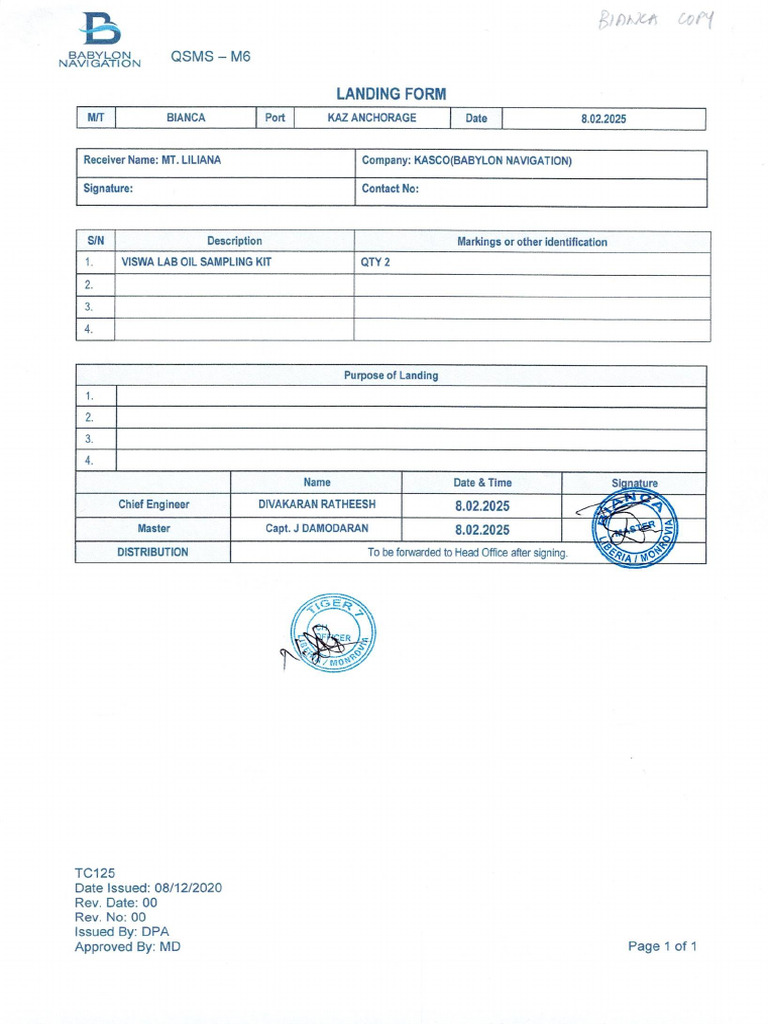 Landing Form-Lube Oil Sampling Kit-08.02.25-1 | PDF