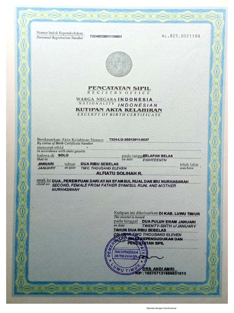 Akta Klahiran Alfi | PDF