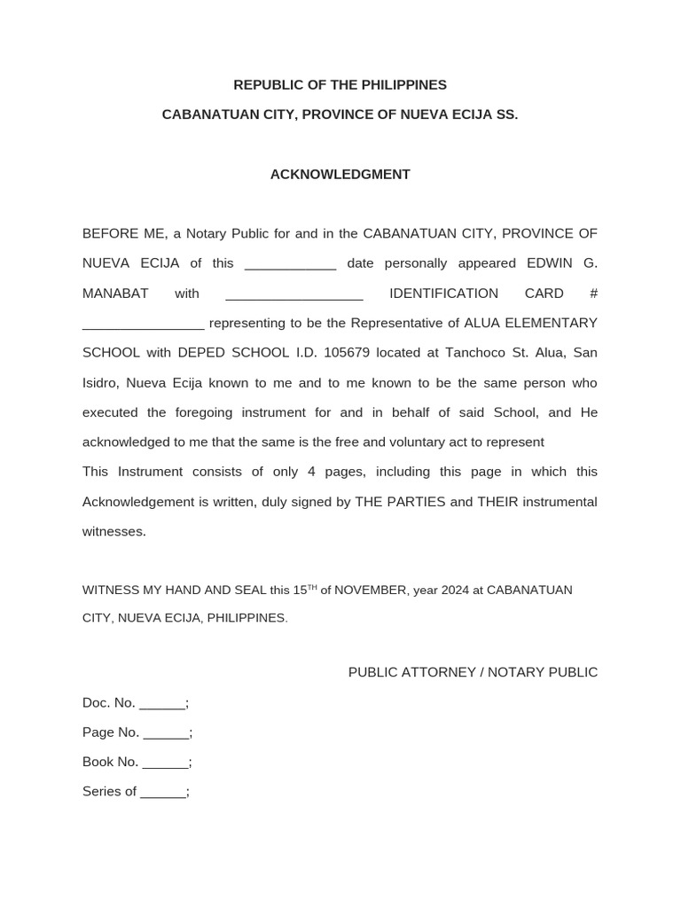 Notarized Acknowledgment for Alua Elementary | PDF