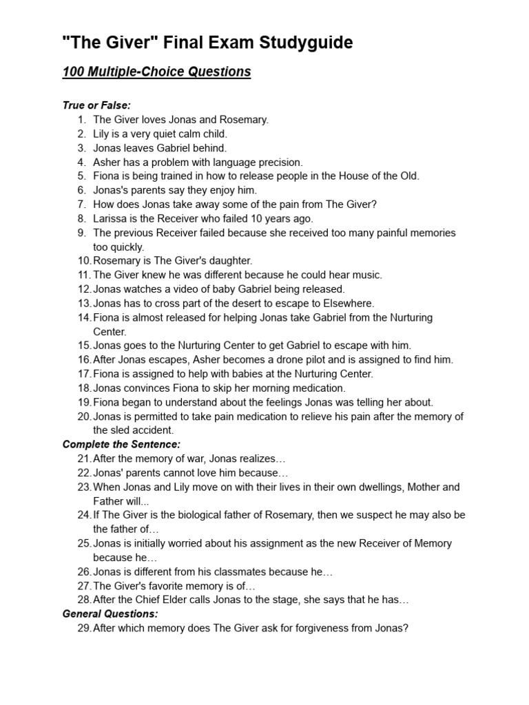 Key Themes in "The Giver" Exam Guide | PDF | The Giver