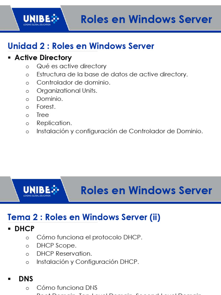 Unidad 2 - Roles en Windows Server | PDF | Directorio Activo | Bases de ...