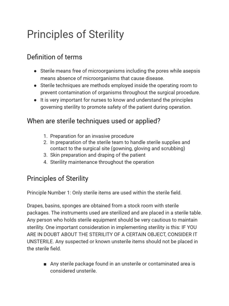Sterility Principles in Surgical Procedures | PDF | Sterilization ...