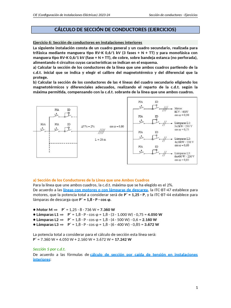 CALCULO DE SECCION DE CONDUCTORES - EJERCICIOS | PDF | Corriente eléctrica | Energia electrica