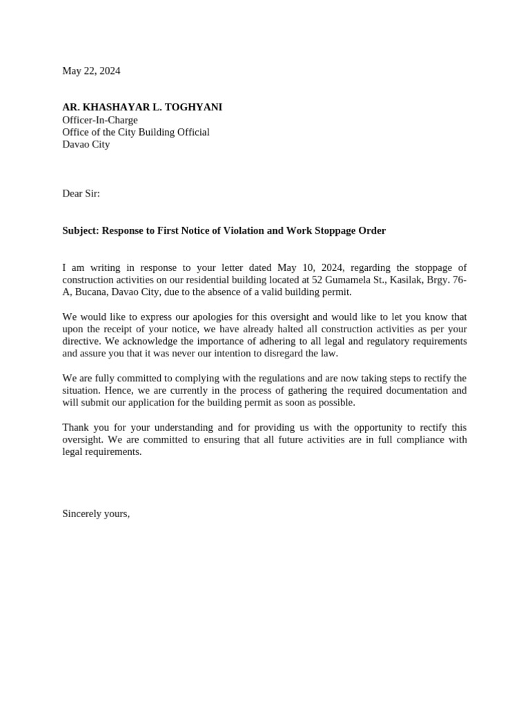 Response to Building Permit Violation | PDF