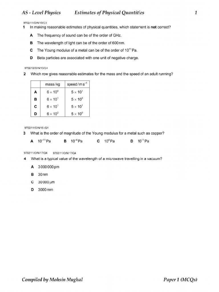 MCQs Estimates of Physical Quantities (Nov 15 To Nov 21) Image | PDF