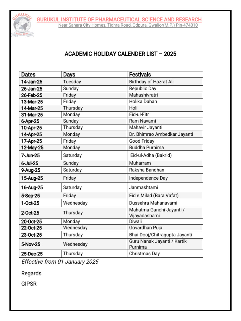Gurukul Institute Holiday Calendar 2025 | PDF