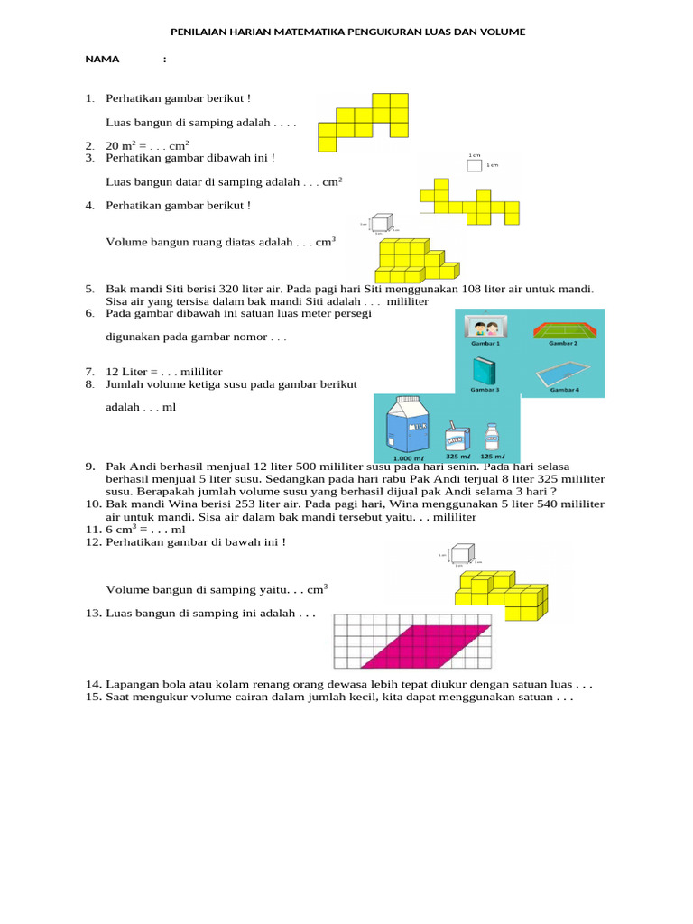Penilaian Harian Matematika Pengukuran Luas Dan Volume | PDF