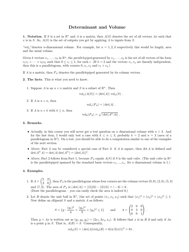Determinant and Volume | PDF | Basis (Linear Algebra) | Matrix ...