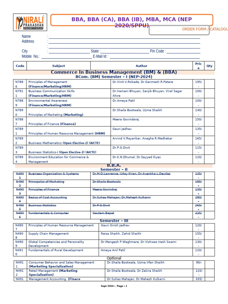 Nep Sppu Bba All Mba Mca Order Form Sept 2024 | PDF | Business | Economies