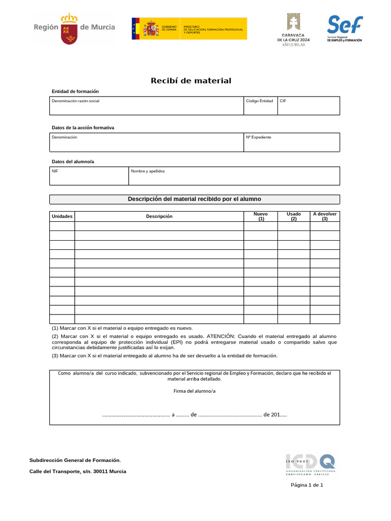 Recibí de Material | PDF