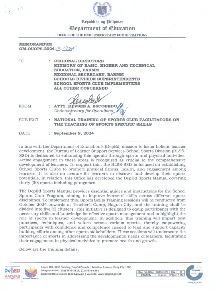 OM OUOPS 2024-10-073365 National Training For Sports Club Facilitators BLSS SSD | PDF