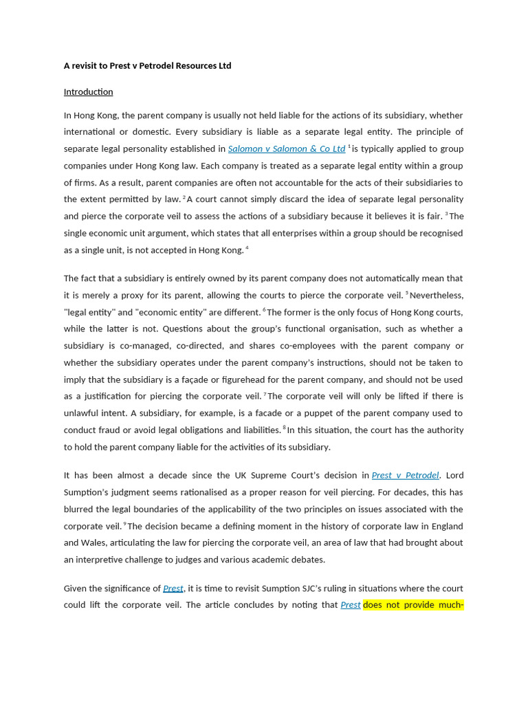 A Revisit To Prest V Petrodel Resources LTD | PDF | Piercing The ...