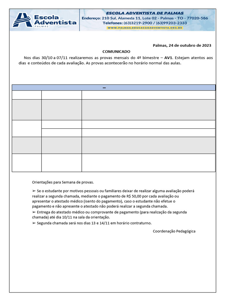 7º Cronograma de Provas AV1 | PDF