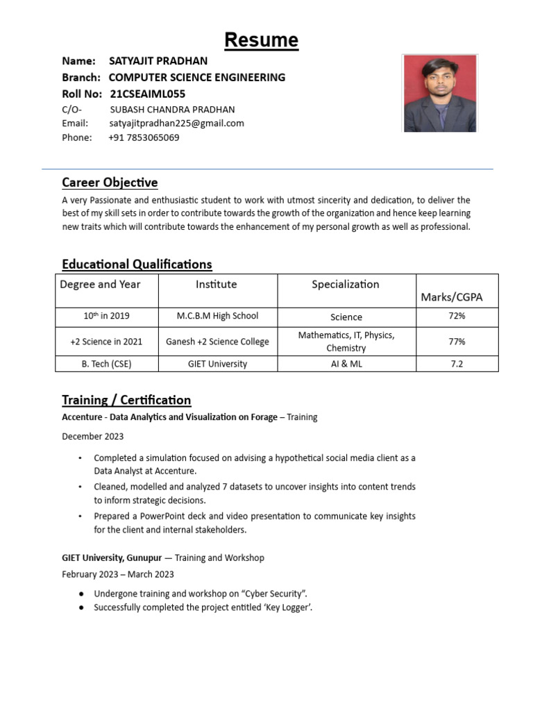 21CSEAIML055 - Satyajit Pradhan - Resume-1 | PDF | Java Script | Databases