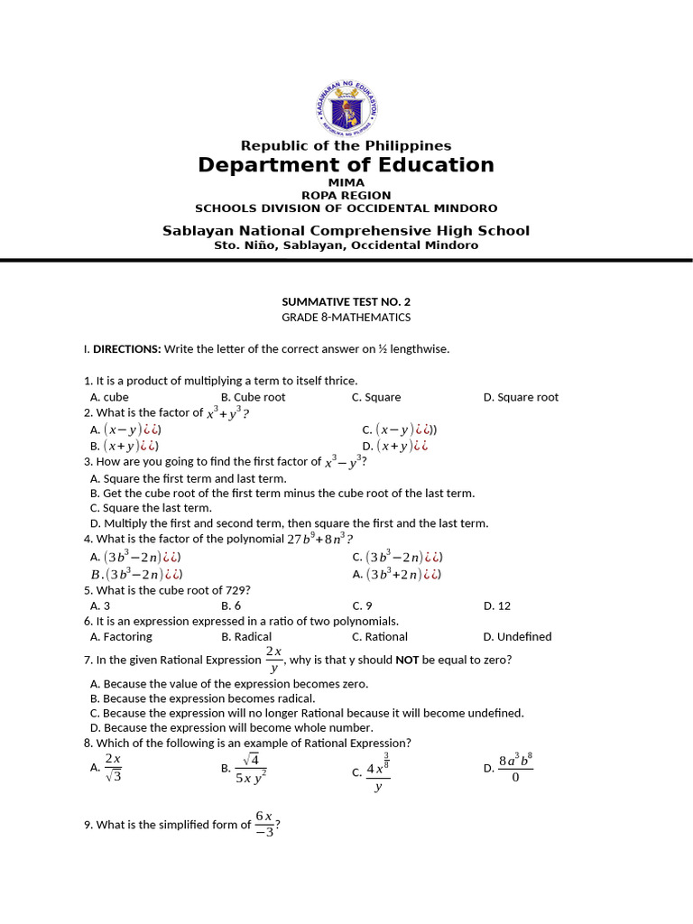 Summative 2 (Grade 8) | PDF | Abstract Algebra | Mathematical Objects