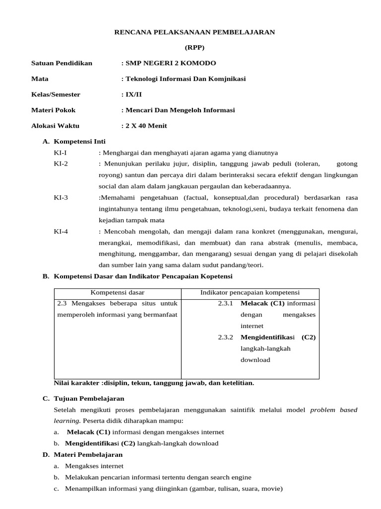 RPP Tik Siap Observasi Kelas | PDF