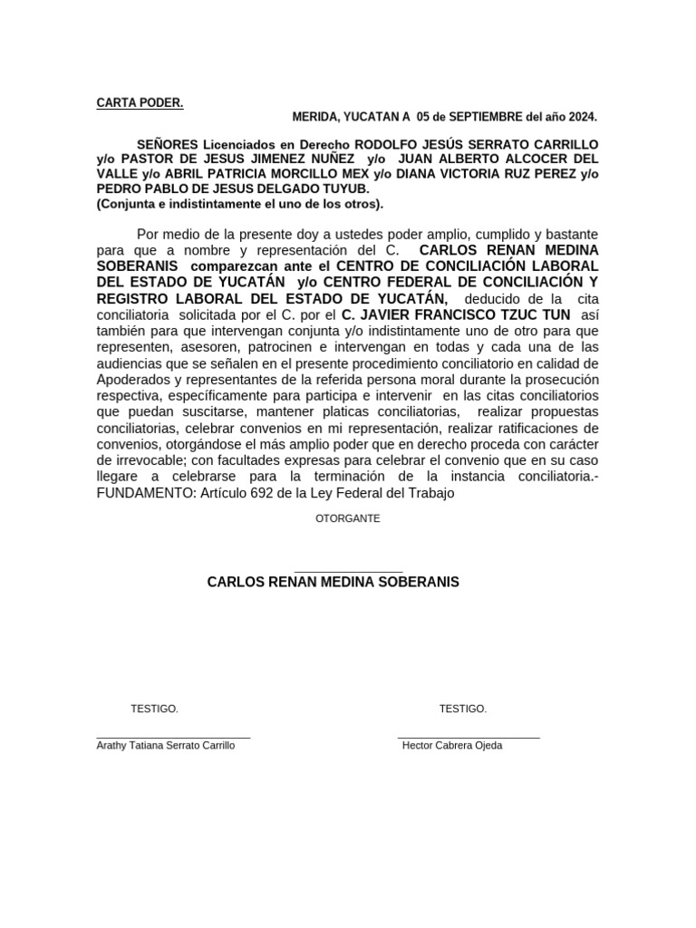 Carta Poder para Conciliación Laboral | PDF