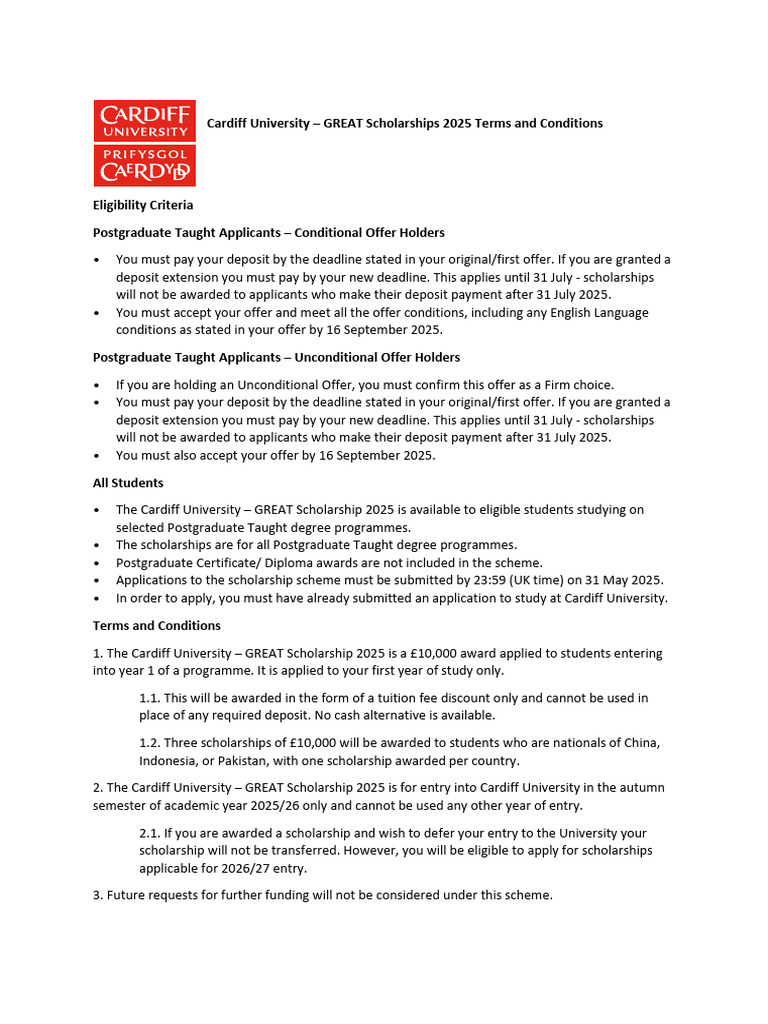 Cardiff University GREAT Scholarships 2025 Terms and Conditions | PDF | Postgraduate Education ...