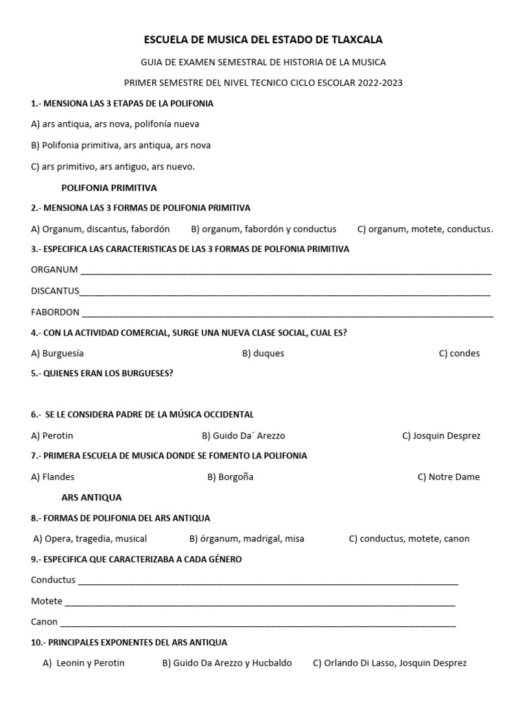 Guia de Examen Semestral Historia de La Musica Primer Semestre (23-24 ...