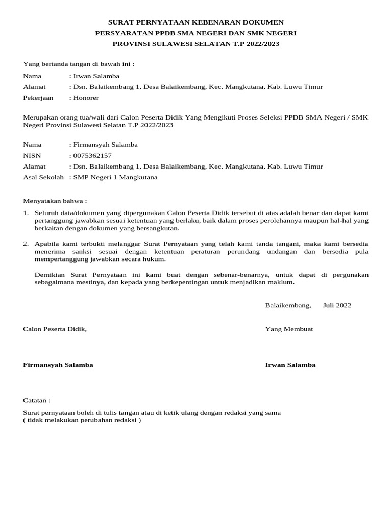 Surat Pernyataan Kebenaran Dokumen | PDF