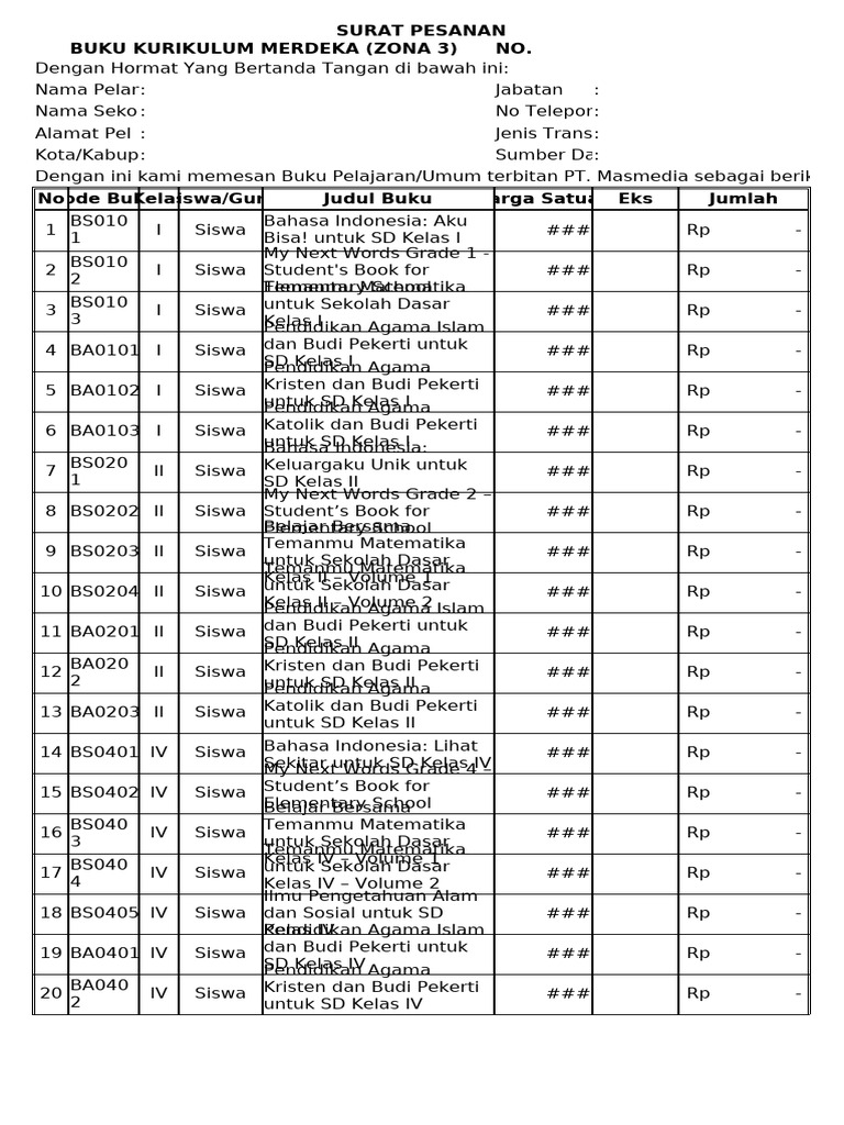 Surat Pesanan Buku Kurikulum Merdeka | PDF